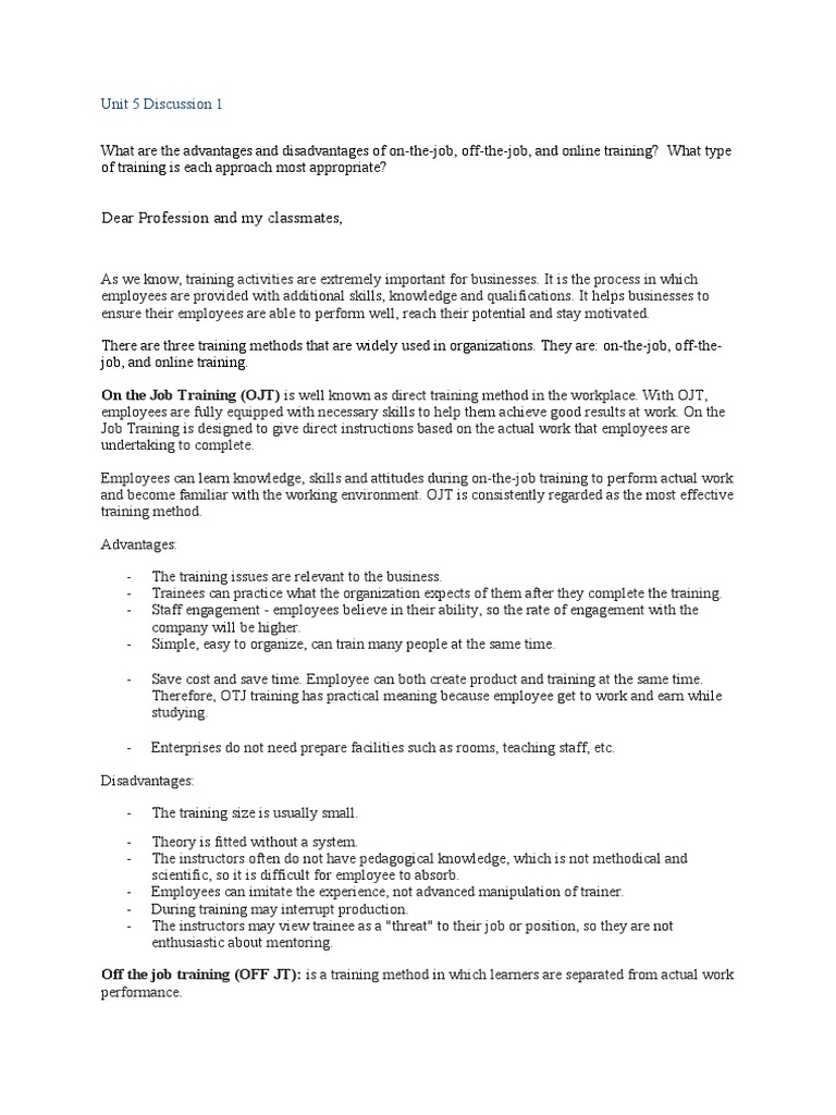 What are the advantages and disadvantages of on-the-job, off-the-job ...
