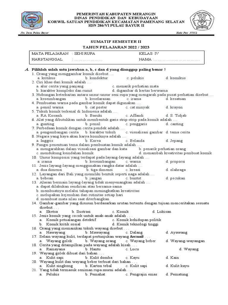 SOAL Semester 2 Seni Rupa KELAS 4 | PDF | Griya & Taman | Seni