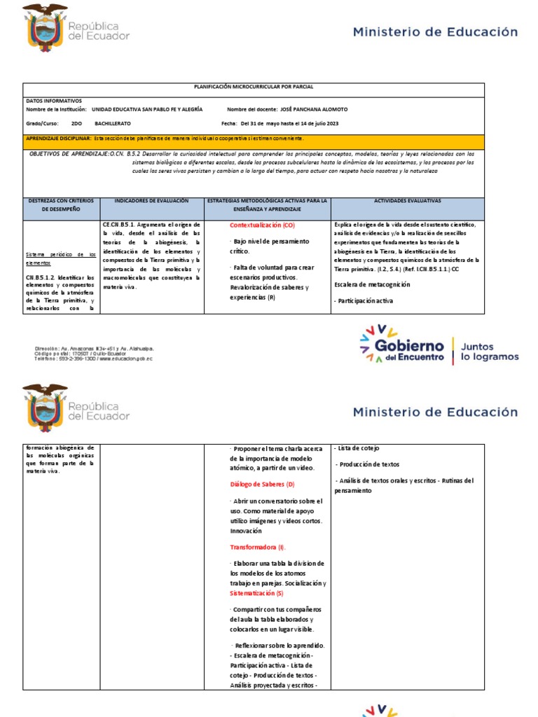 Formato de Planificación Microcurricular Quimica de 2do Actualizado ... Formato de Planificación Microcurricular Quimica de 2do Actualizado ...