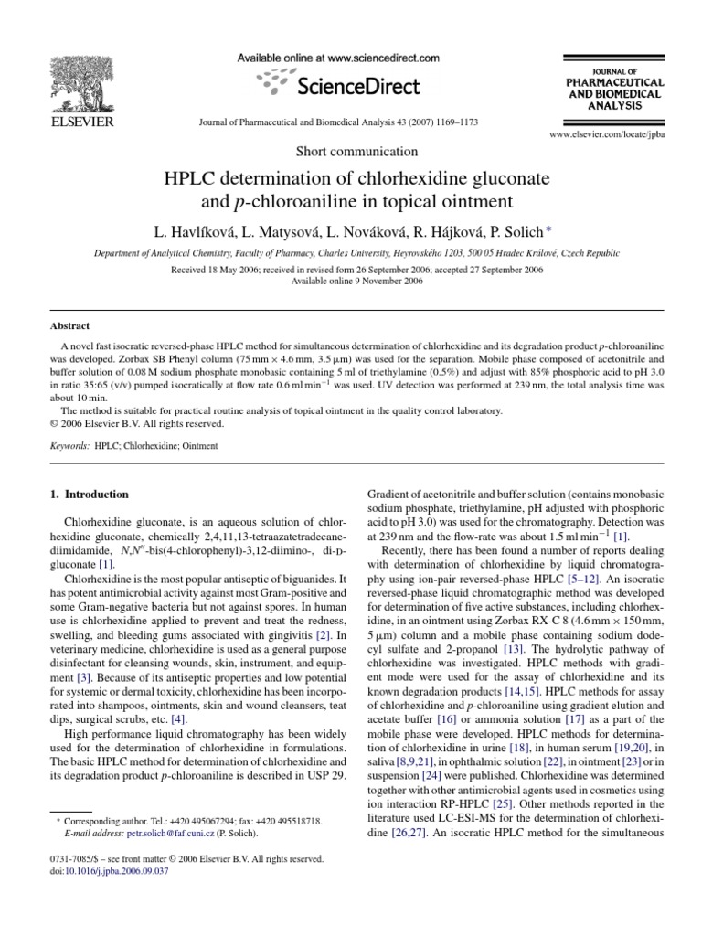 HPLC Determination of Chlorhexidine Gluconate and P-Chloroaniline in Topical Ointment | PDF
