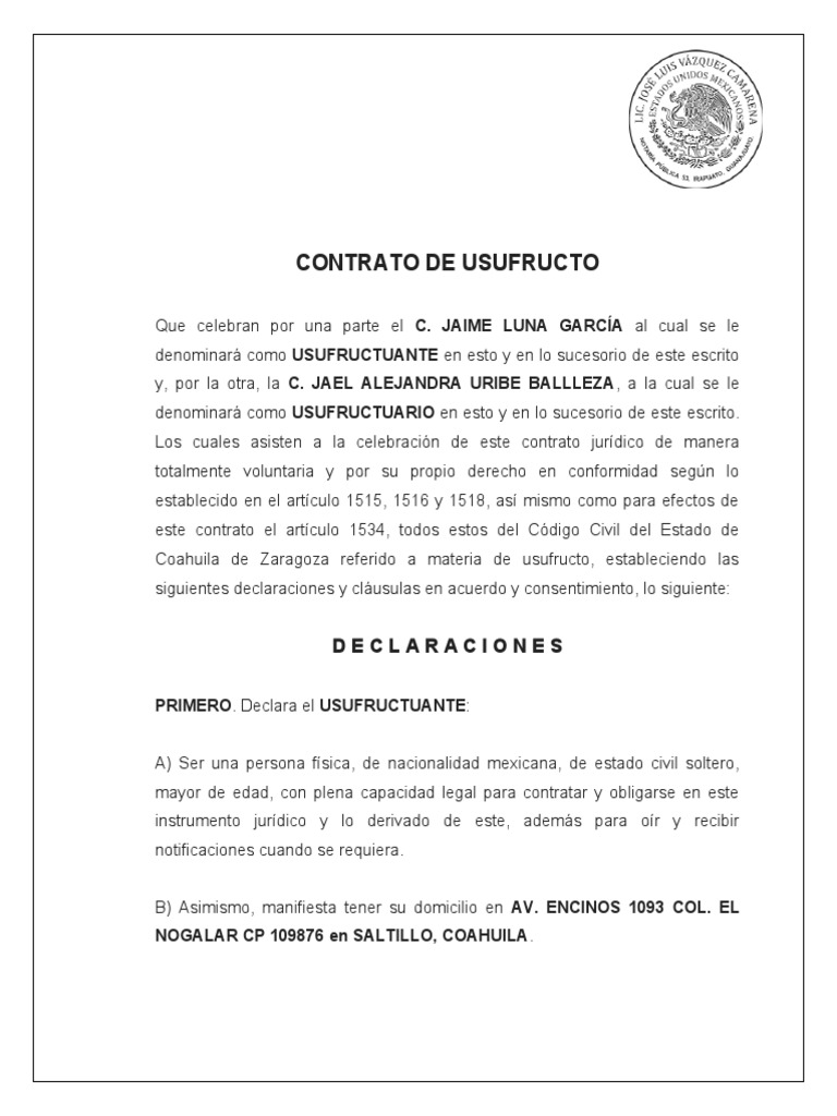 Contrato de Usufructo | PDF | Ley común | Derecho privado
