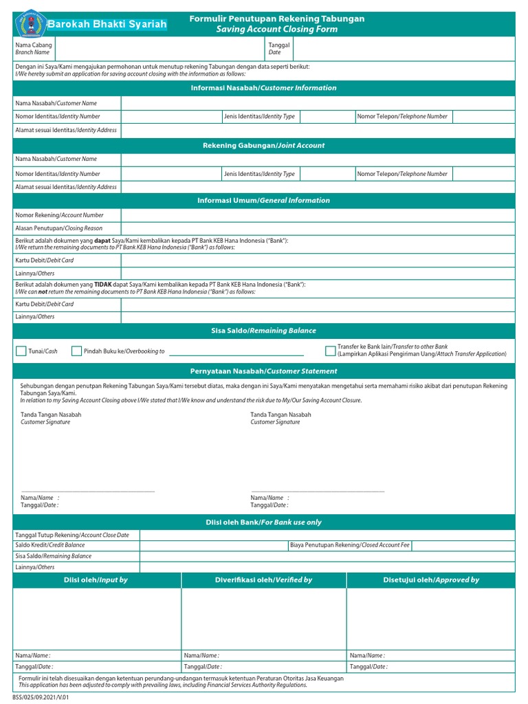 Formulir Penutupan Rekening Tabungan BSS.025.09.2021.V.01 | PDF