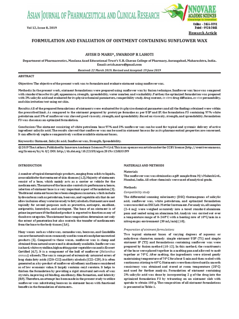 Sunflower Wax Ointment Study | PDF | Topical Medication ...
