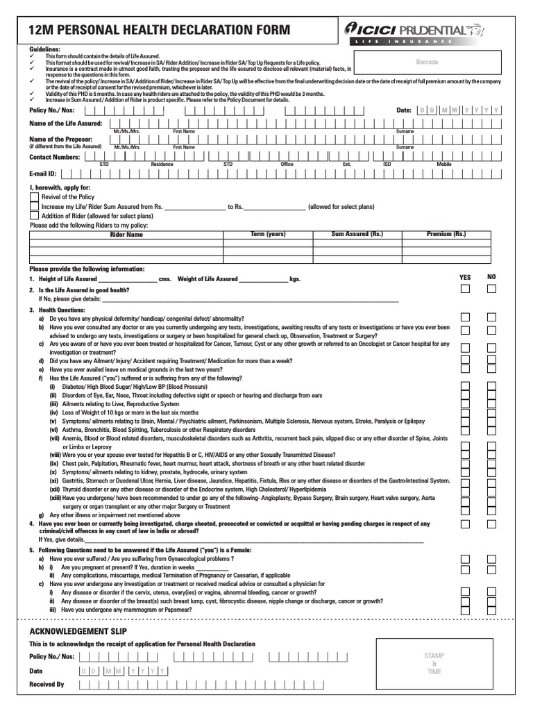 12M Personal health declaration for life policies | PDF | Insurance ...