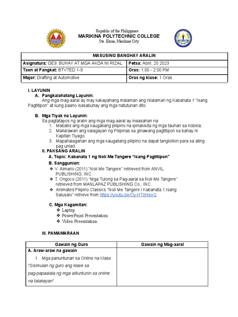Detailed Lesson Plan in Kabanata 1 of Noli Me Tangere | PDF
