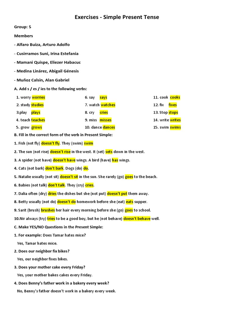 Exercises With Simple Present | PDF