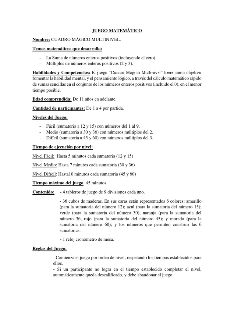 Juego Matemático Cuadro Mágico Multinivel | PDF | Color | Número natural