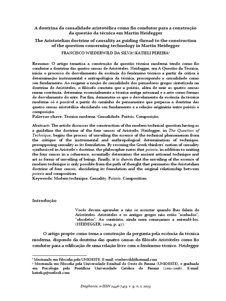 A Doutrina Da Causalidade Aristotélica e A Questão Da Técnica em ... A Doutrina Da Causalidade Aristotélica e A Questão Da Técnica em ...