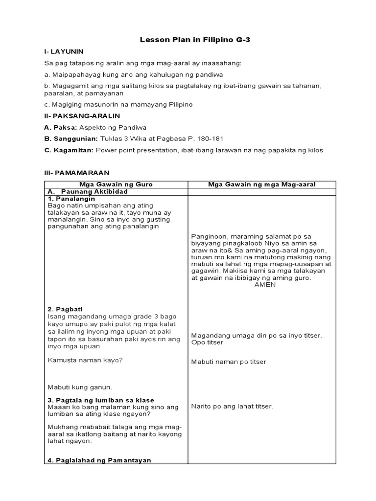 Lesson Plan: Aspekto ng Pandiwa G-3 | PDF | Language Arts & Discipline ...