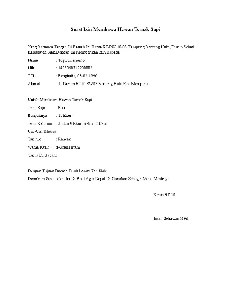 Surat Izin Membawa Hewan Ternak Sapi | PDF