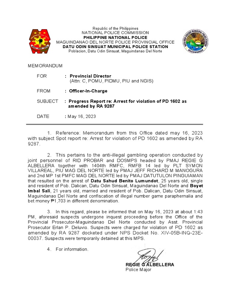 Progress Report Re PD 1602 | PDF