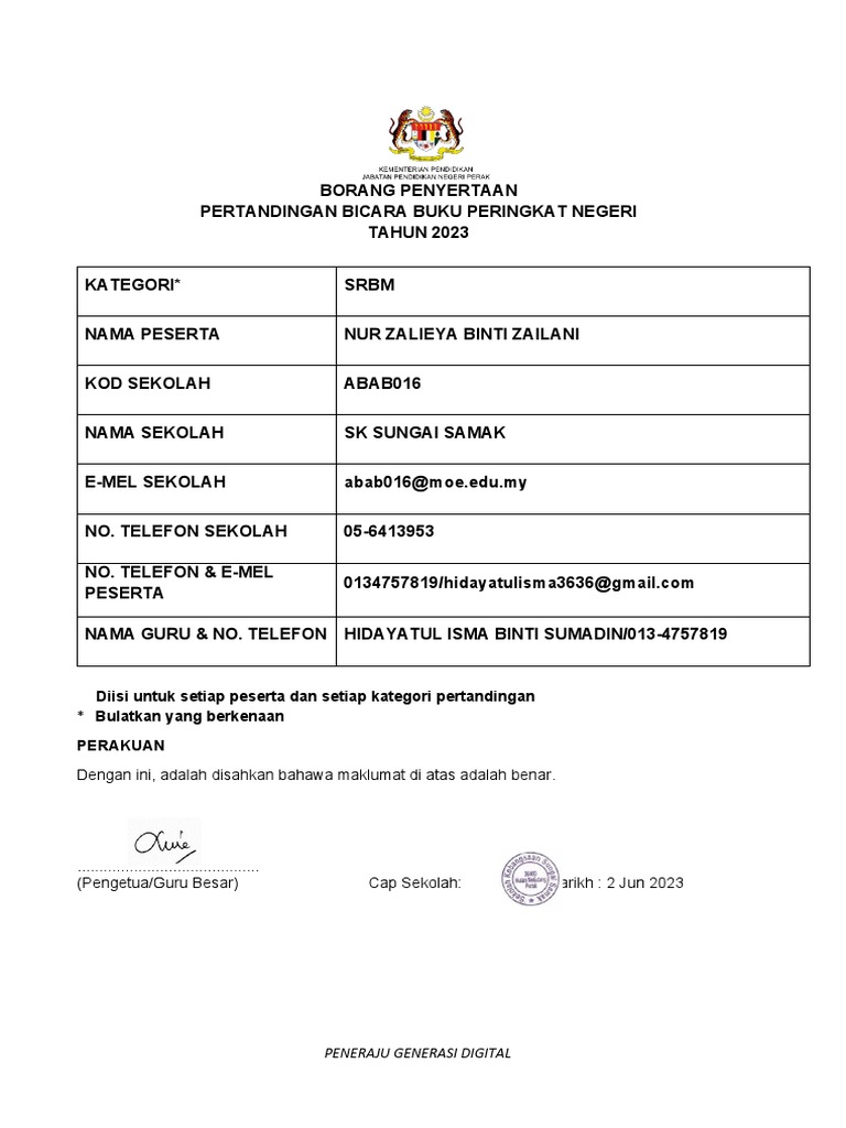 Borang Penyertaan Pertandingan Bicara Buku Negeri 2023 | PDF
