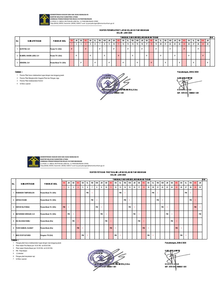 Roster Jaga Bulan Juni Tahun 2023 Di Lapas Kelas Ii B Panyabungan | PDF