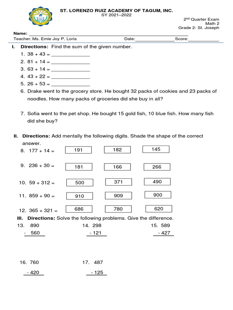 GRADE02 2ndquarterly Math | PDF | Mathematics