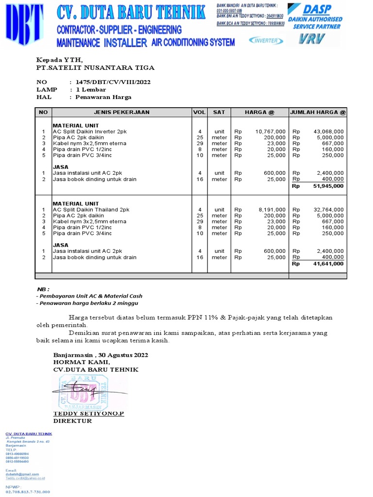 Penawaran Harga Pemasangan AC Daikin | PDF | Griya & Taman | Teknologi & Rekayasa