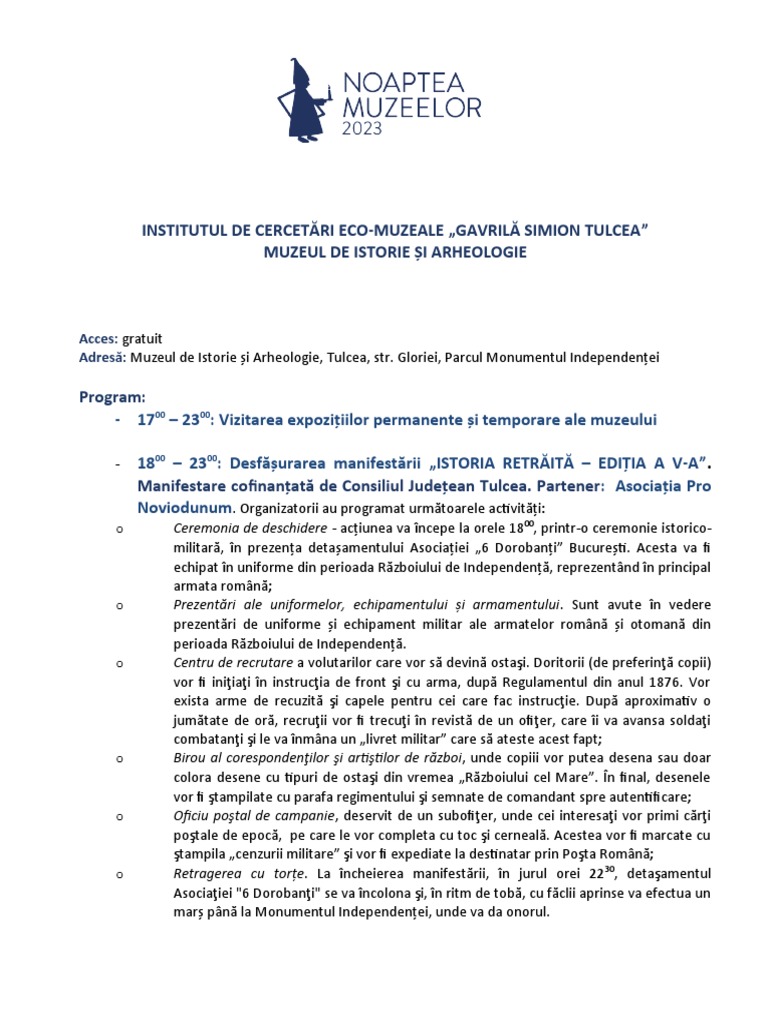 Program Noaptea Muzeelor 2023 Istorie | PDF