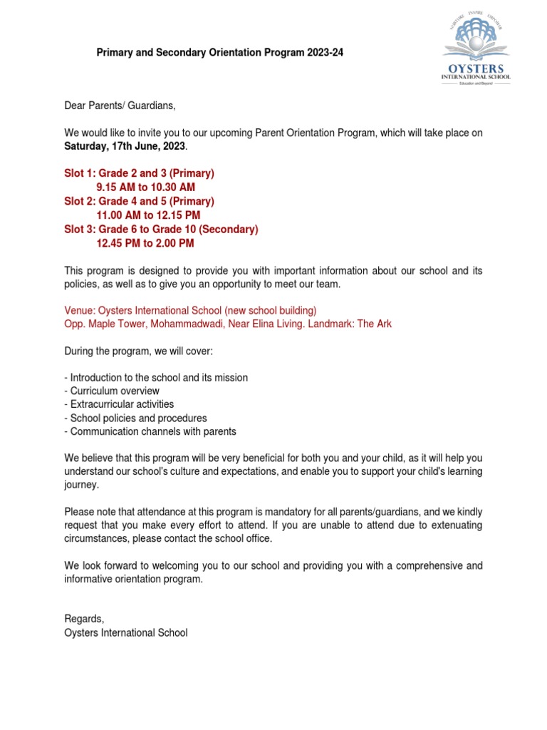 Primary and Secondary Orientation Circular 2023-24-1 | PDF