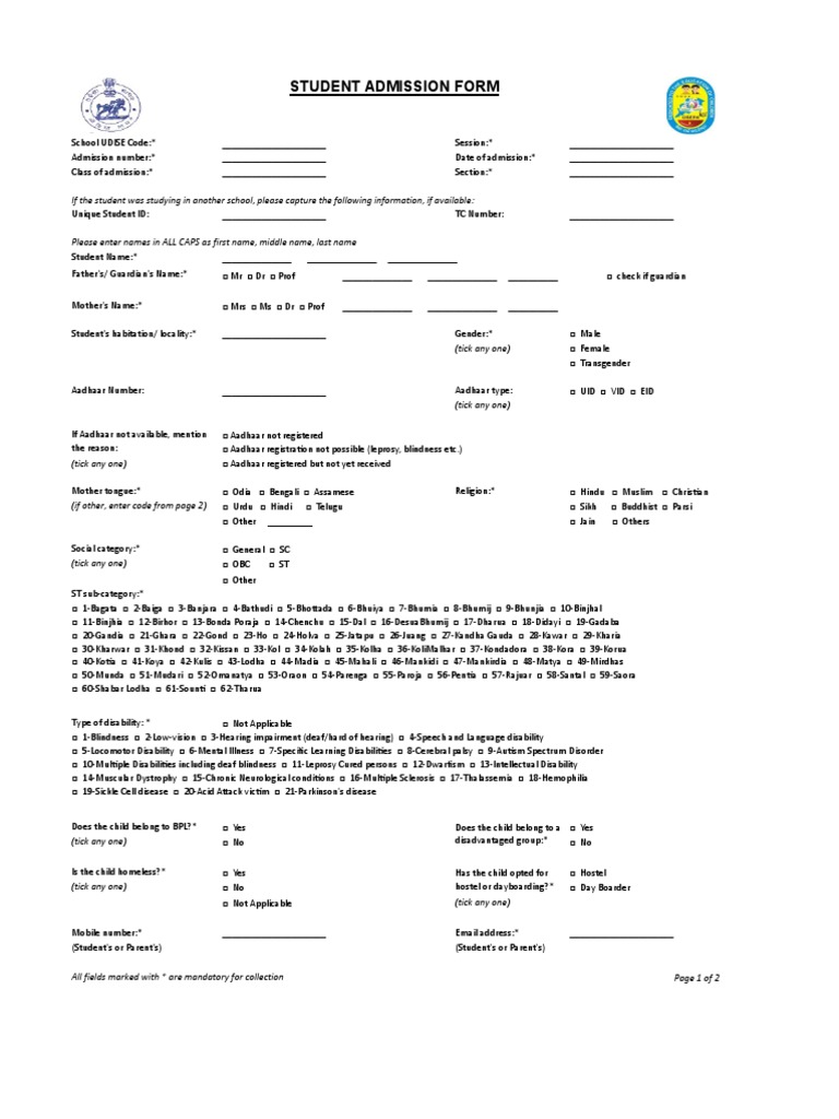 Student Admission Form | PDF | Disability