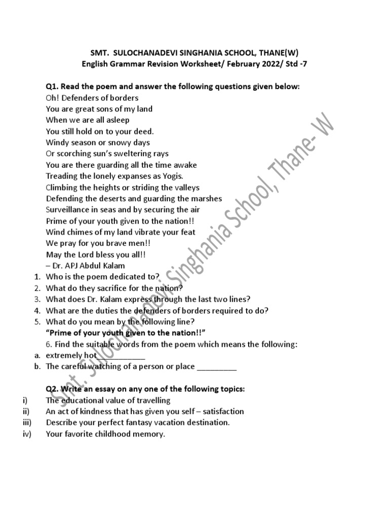 STD 7 English 1 COMPREHENSIVE WORKSHEET FEBRUARY 2023 | PDF ...