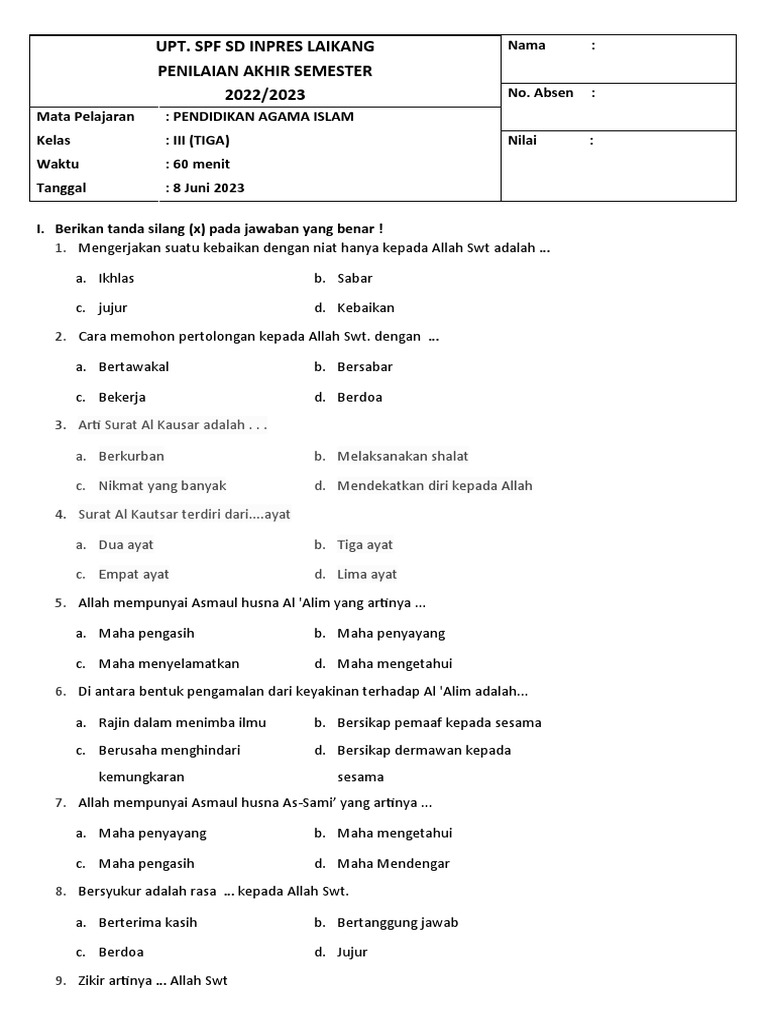 Soal Pas Pai Kelas 3 | PDF