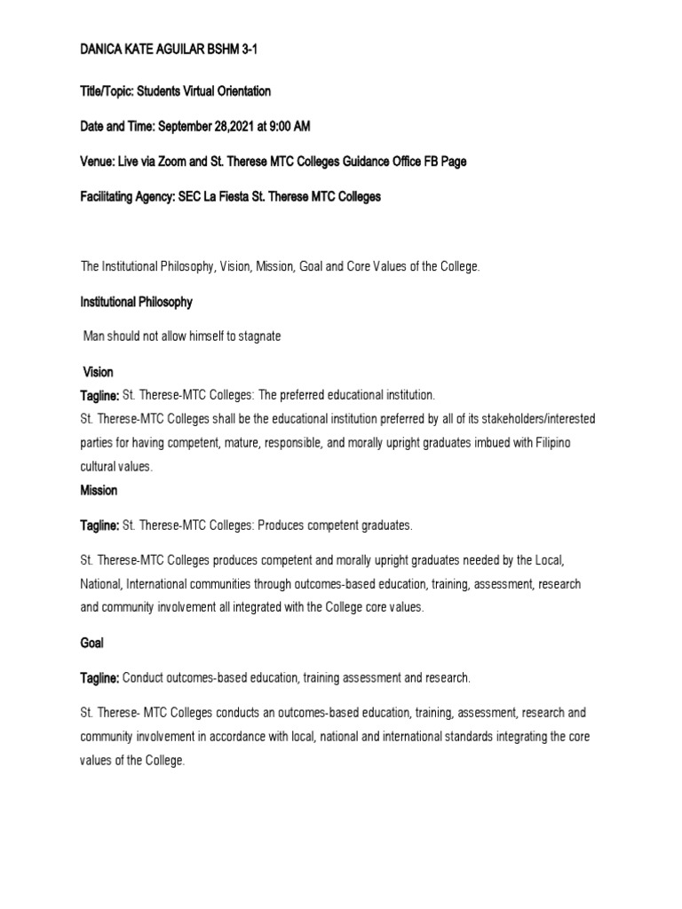 Aguilar Danica Kate Narrative Report Orientation Program | PDF