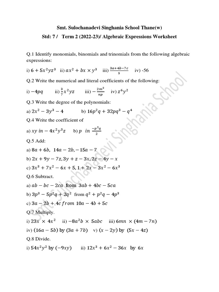 Class 7 Algebraic Expressions Worksheet | PDF