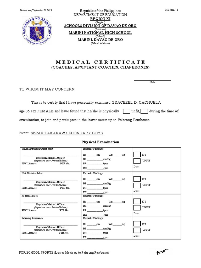 D - Medical Certificate for Coaches, Asst Coaches & Chaperones | PDF ...