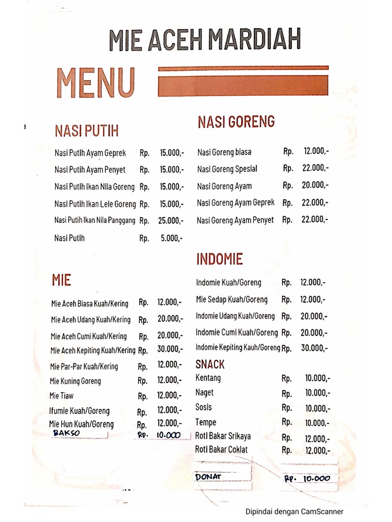 Menu Mie Aceh Mardiah | PDF