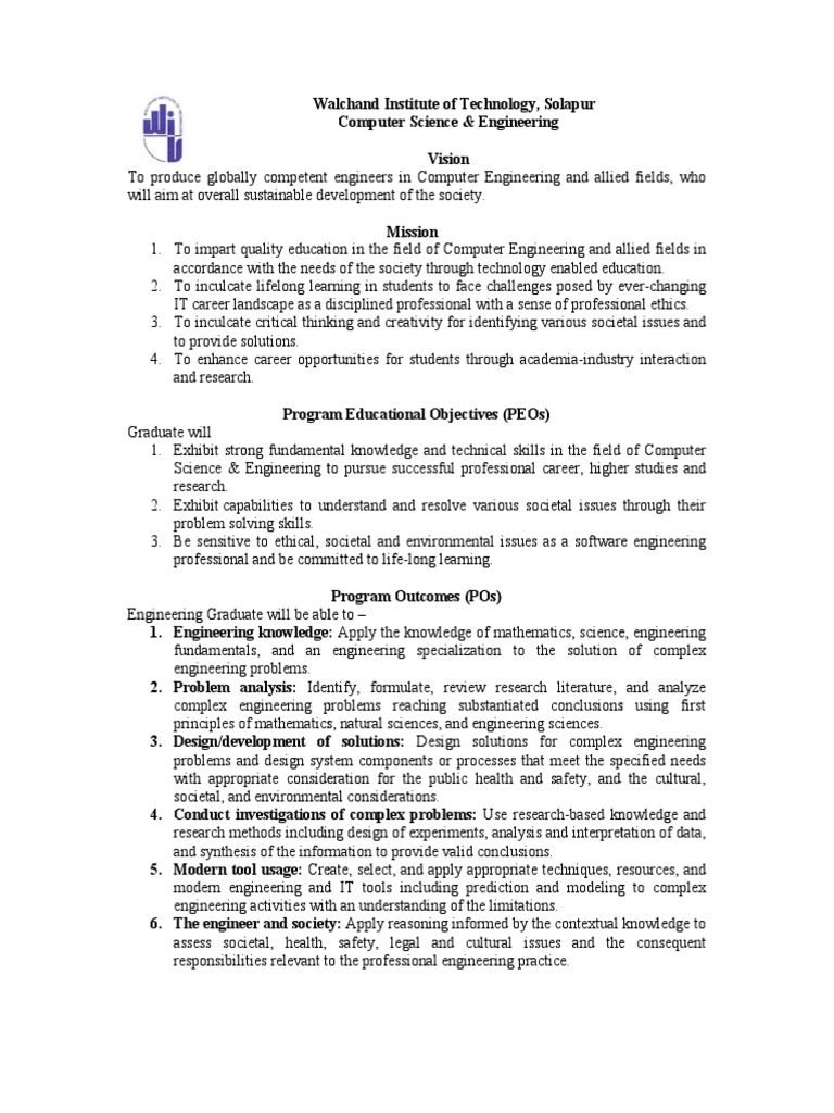 Vision Mission PEOs POs PSOs and COs | PDF | Databases | Engineering