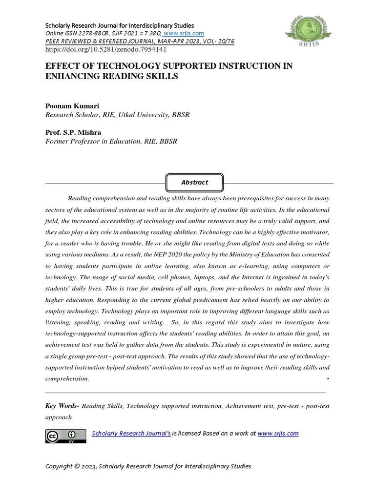Effect Of Technology Supported Instruction In Enhancing Reading Skills Pdf Educational