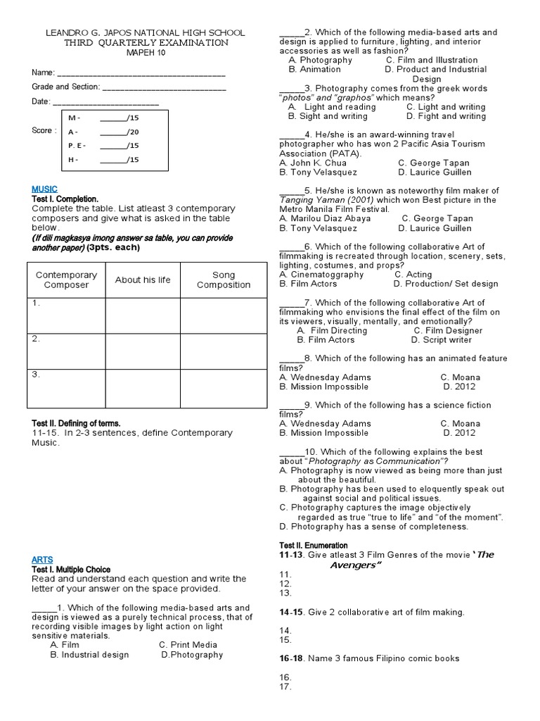 MAPEH 10 4TH Quarter Examination | PDF | Dances