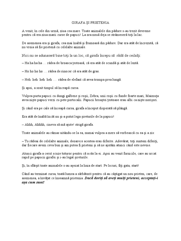 Girafa Si Prietenia - Poveste | PDF