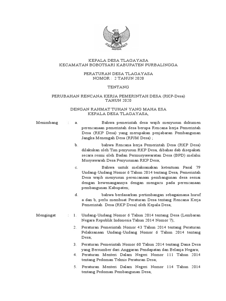 Peraturan Desa Tentang Perubahan RKP Desa | PDF | Pengelolaan Keuangan & Uang | Ilmu Sosial
