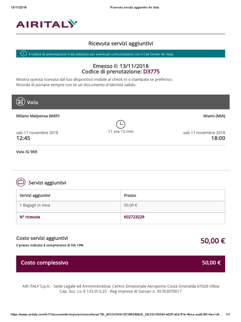 Ricevuta Servizi Aggiuntivi Air Italy | PDF
