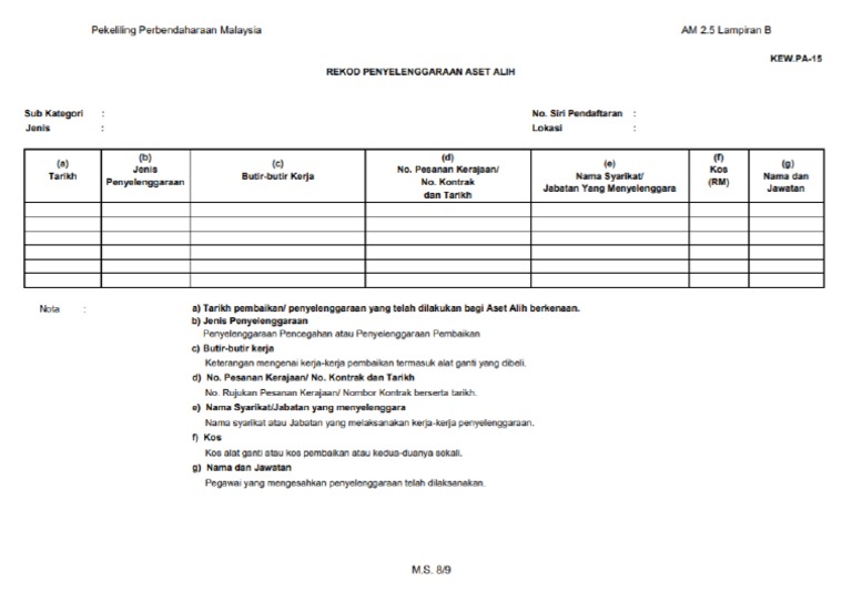 Rekod Penyelenggaraan Aset Alih KEW. PA 15 | PDF