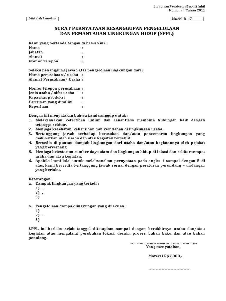 Surat Pernyataan Kesanggupan Pengelolaan | PDF | Teknologi & Rekayasa