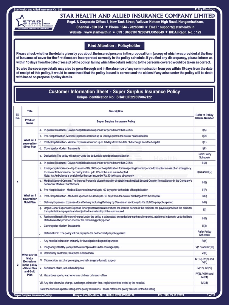 Super Surplus Insurance Policy | Download Free PDF | Deductible | Hospital