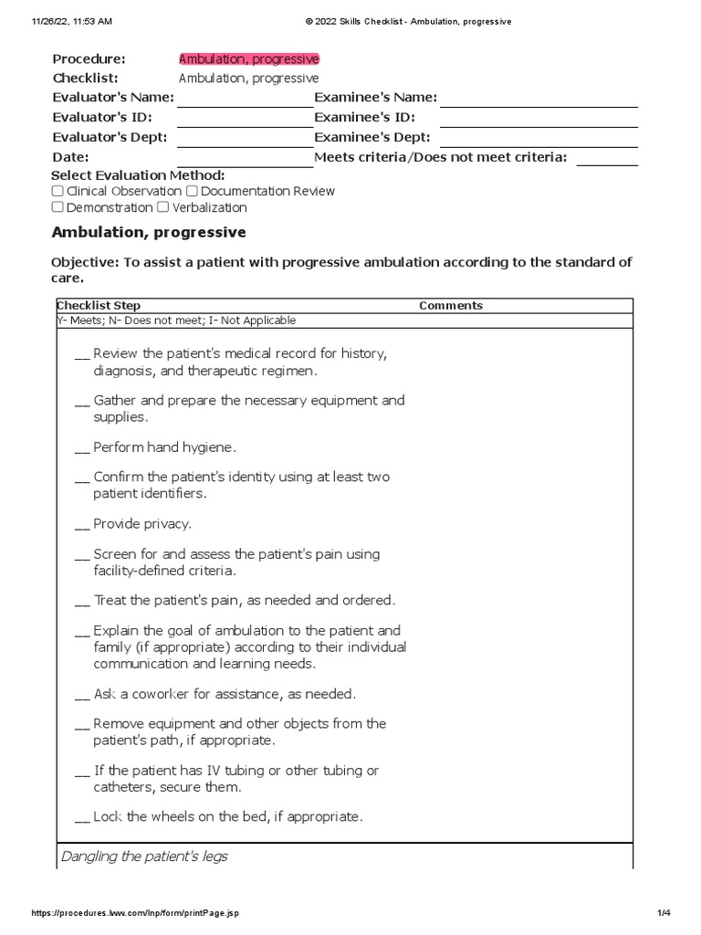 Progressive Ambulation Skills Checklist | PDF | Wheelchair | Chair