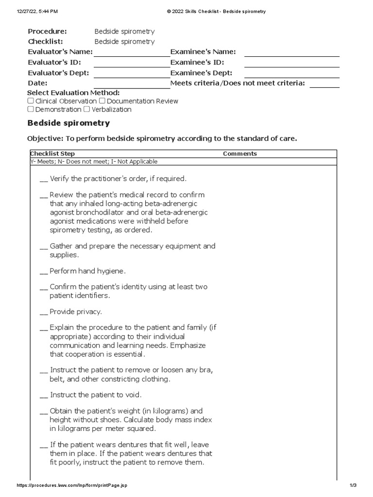 © 2022 Skills Checklist - Bedside Spirometry | PDF