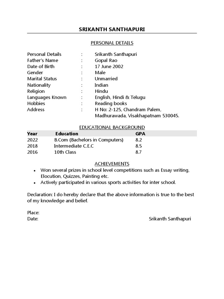 Simple Fresher Resume Format 7 | PDF