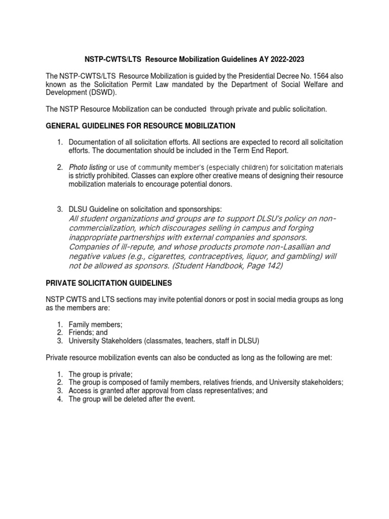 NSTP Resource Mobilization Guidelines For AY 2022 2023 | PDF