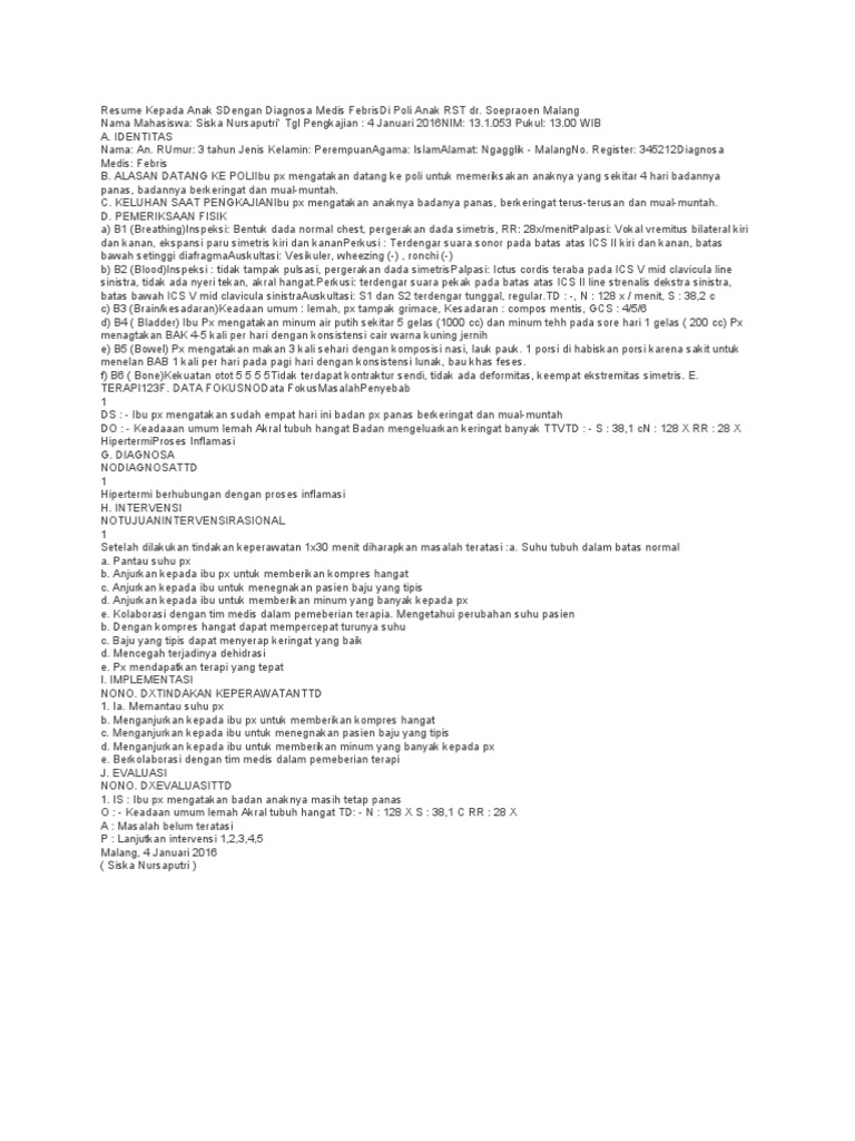 Resume Medis Anak Febris di RST Malang | PDF