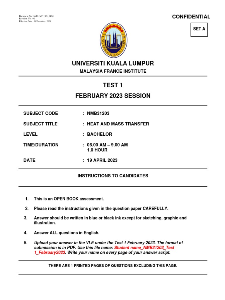 UniKL Heat and Mass Transfer Test 2023 | PDF | Heat Transfer | Thermal ...
