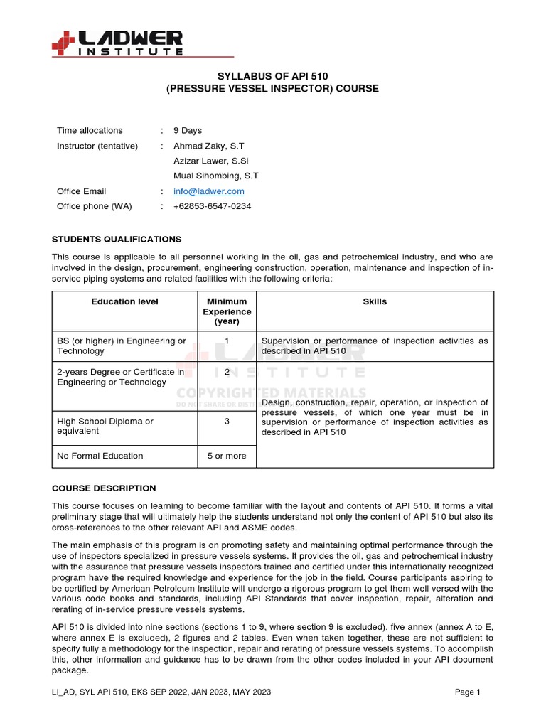 SYLLABUS OF API 510 - Oct2022 | PDF | Nondestructive Testing ...