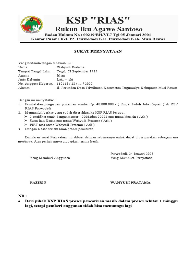 KSP Rias Surat Pernyataan | PDF