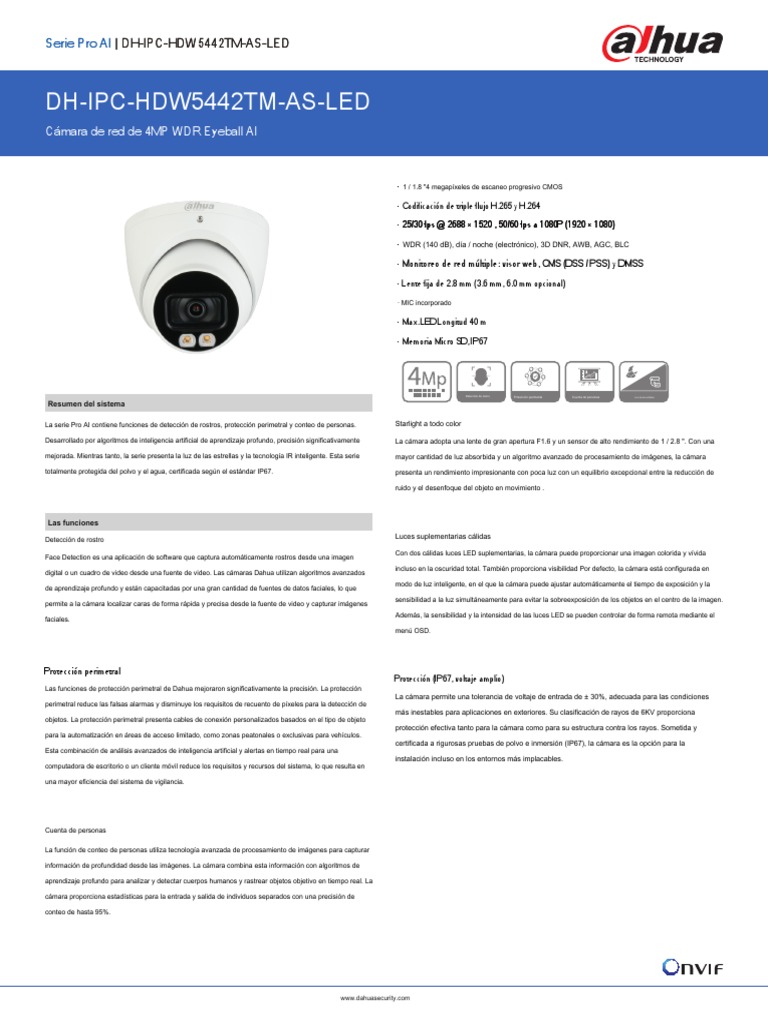 Dahua IPC HDW5442TMP As LED Cámara IP Domo Full Color 4MP Detección Rostros IA Ficha Técnica ...