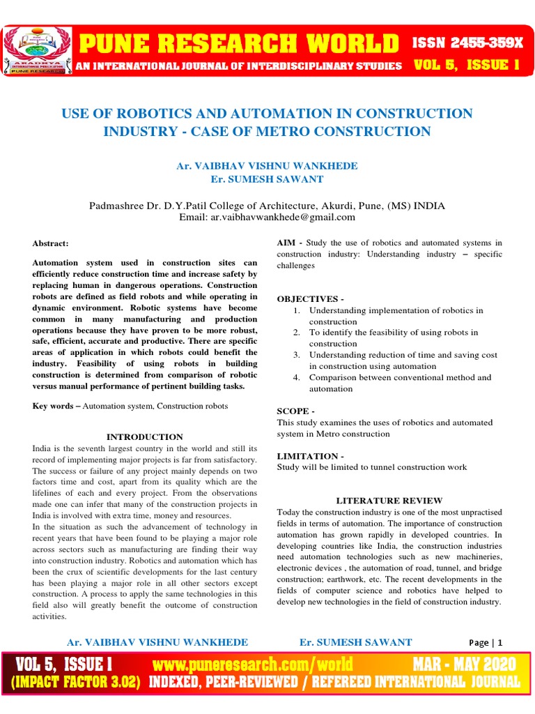USE OF ROBOTICS AND AUTOMATION IN CONSTRUCTION | PDF | Automation ...