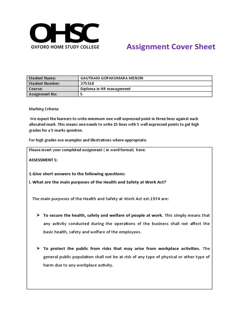 OHSC ASSIGNMENT COVERSHEET.doc (5) | PDF | Risk | Risk Assessment