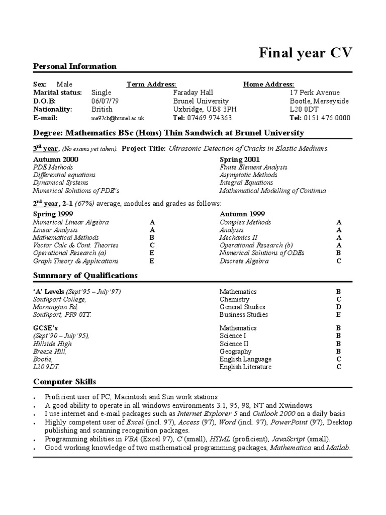 Final Year Student CV Template | PDF | Partial Differential Equation ...