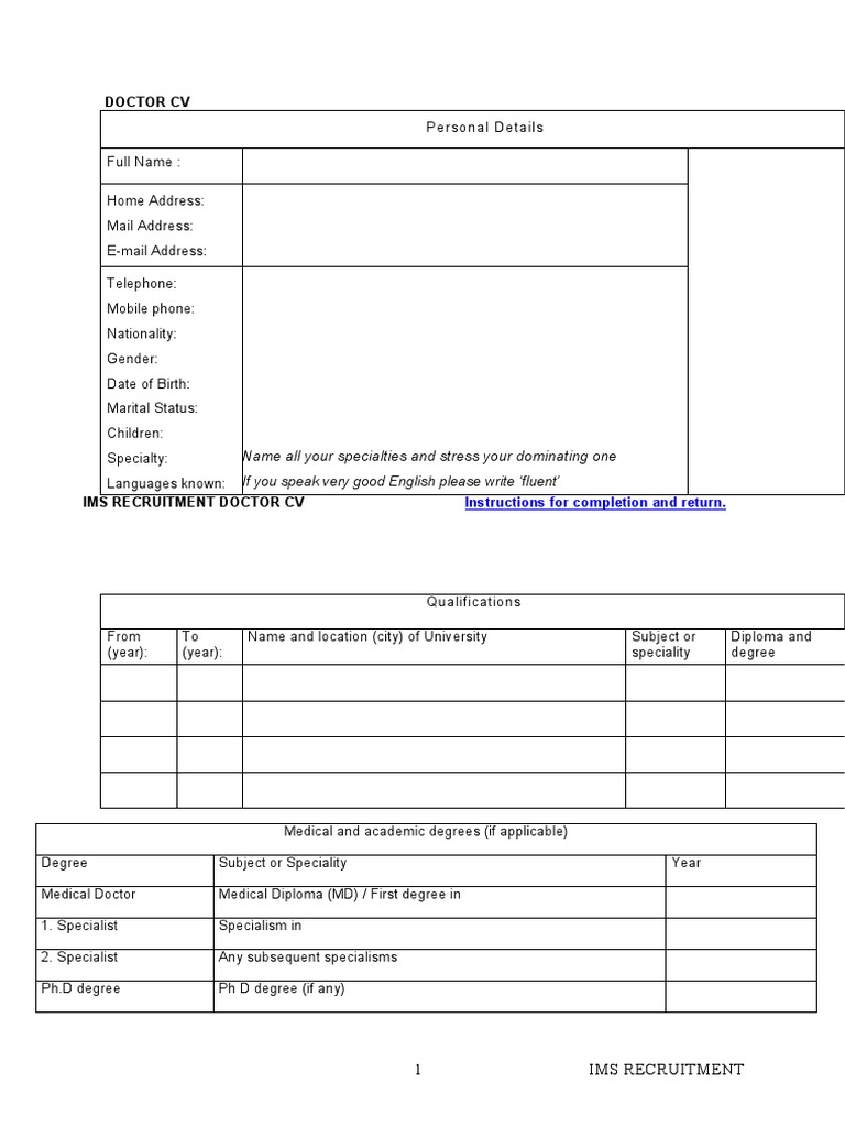 Doctor CV Template & Instructions | PDF | Academic Degree | Physician